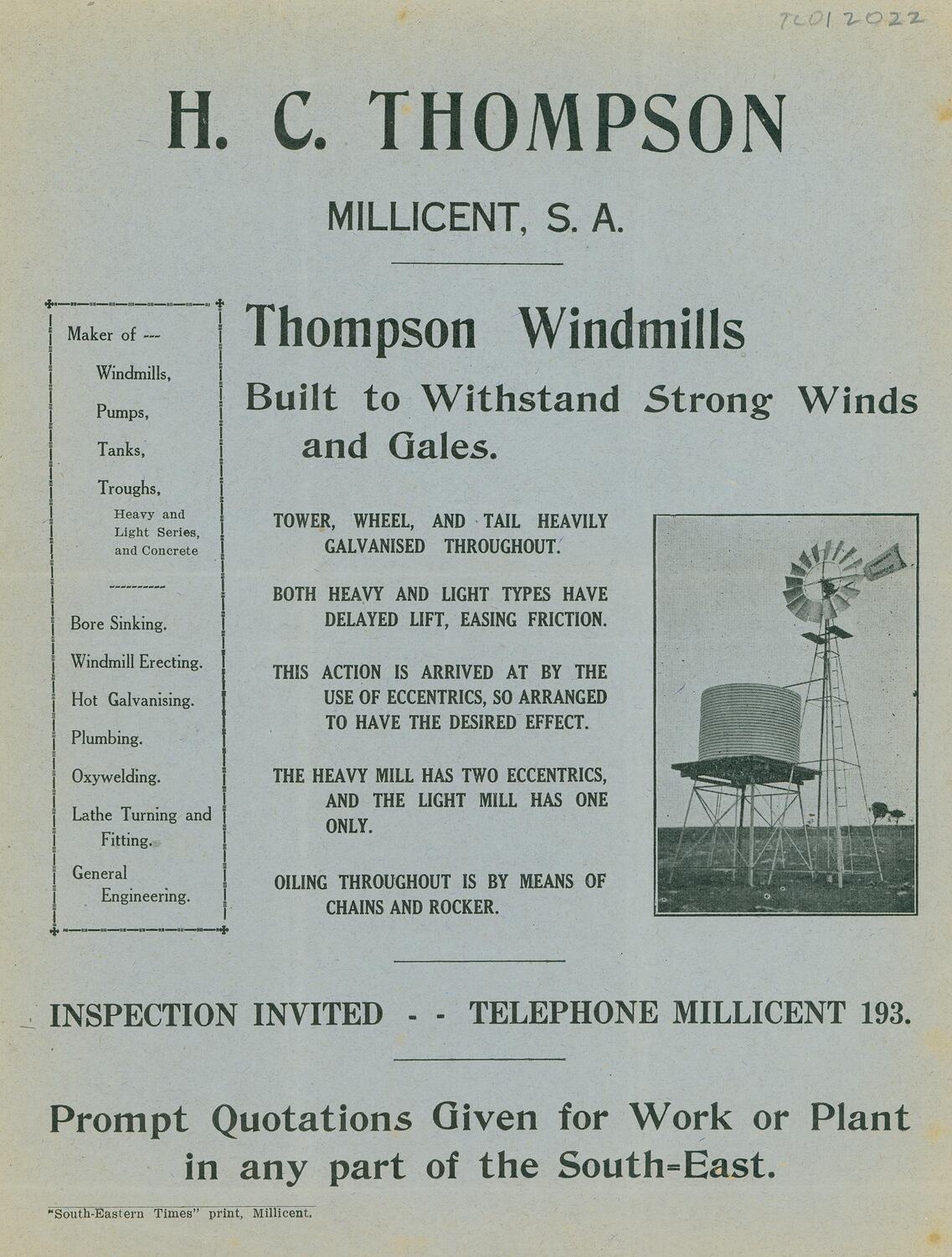 Publicity Leaflet - H.C. Thompson, Millicent, Windmills, circa 1950