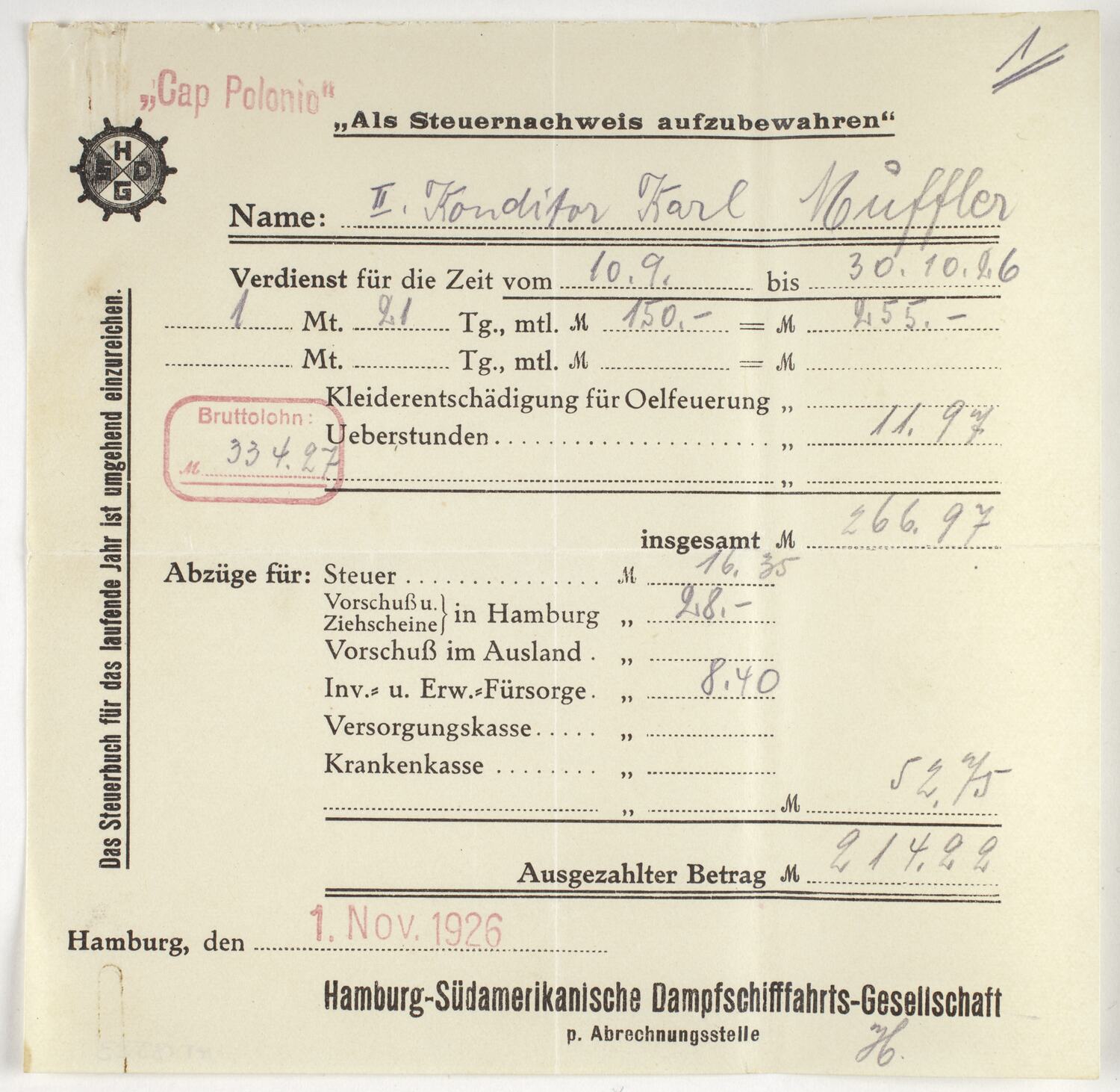 Receipt - Cap Polonio, 30th October 1926