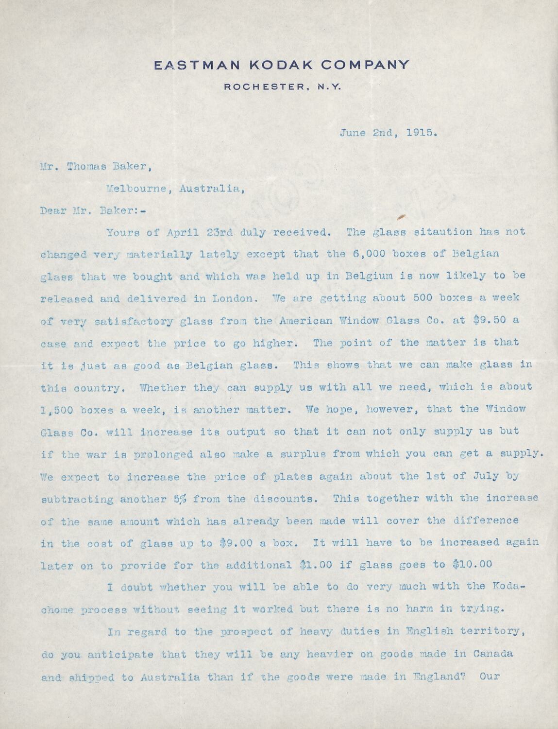 Letter - George Eastman to Thomas Baker, 02 Jun 1915
