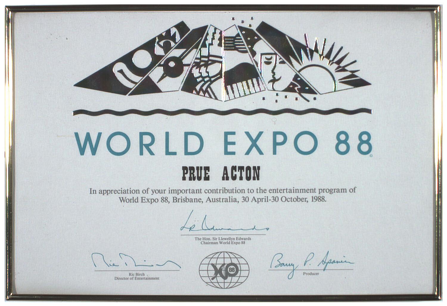 Certificate - World Expo 88, Prue Acton, Framed, 1988