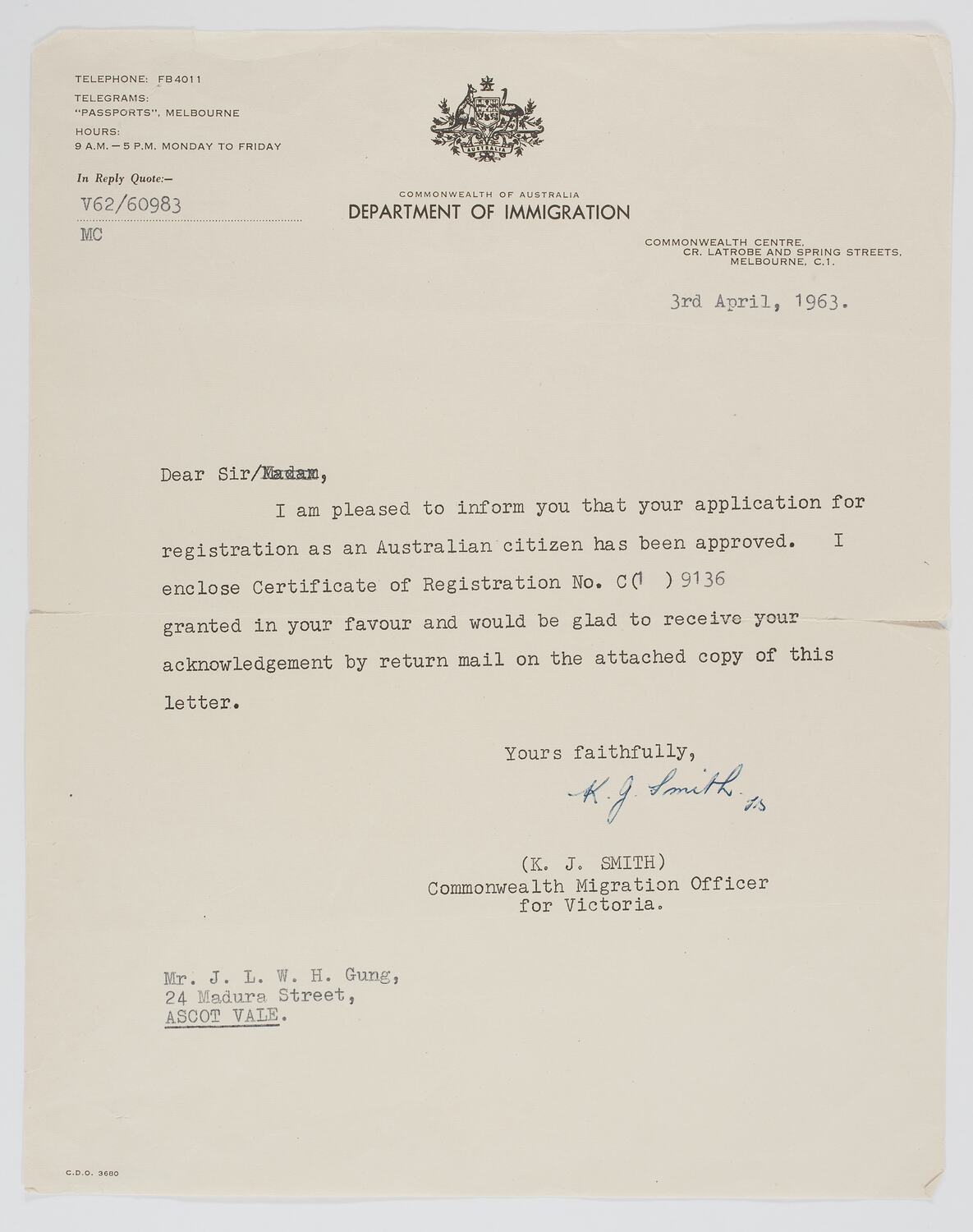 Letter - Australian Citizenship Registration Approval, J.L.W.H. Gung ...