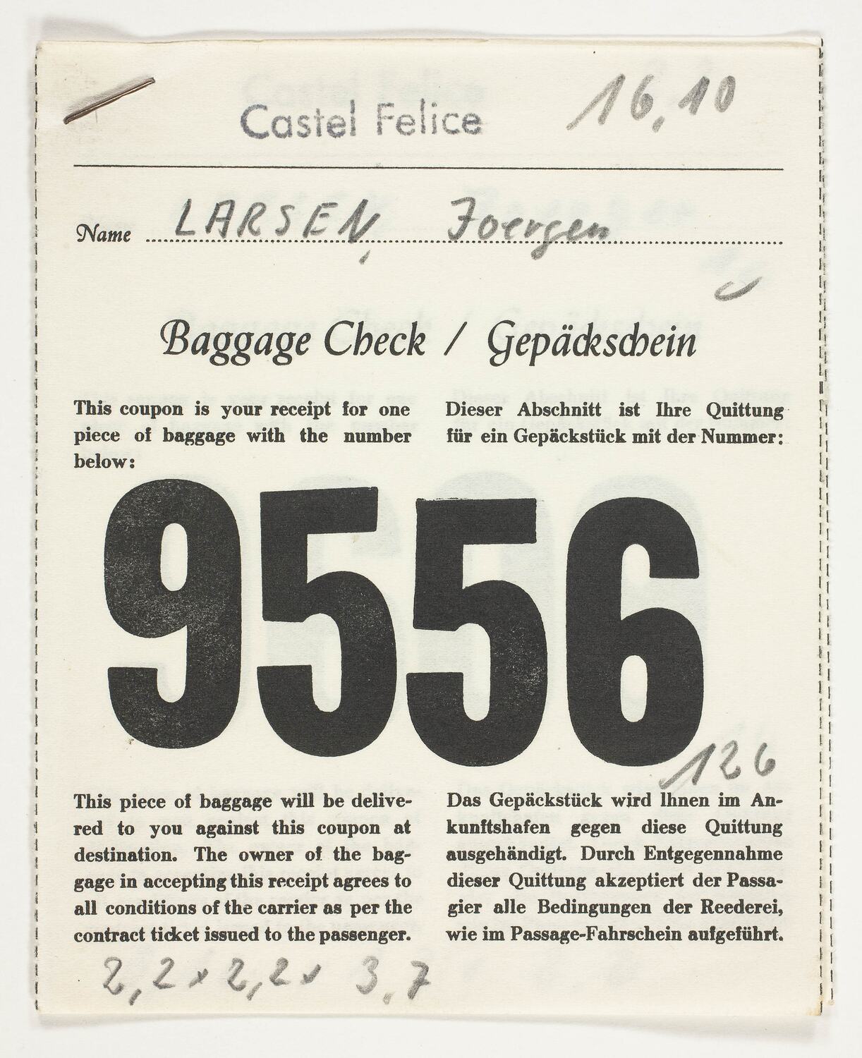 Baggage Check Receipt - Issued to Joergen Larsen, Castel Felice, Sitmar ...