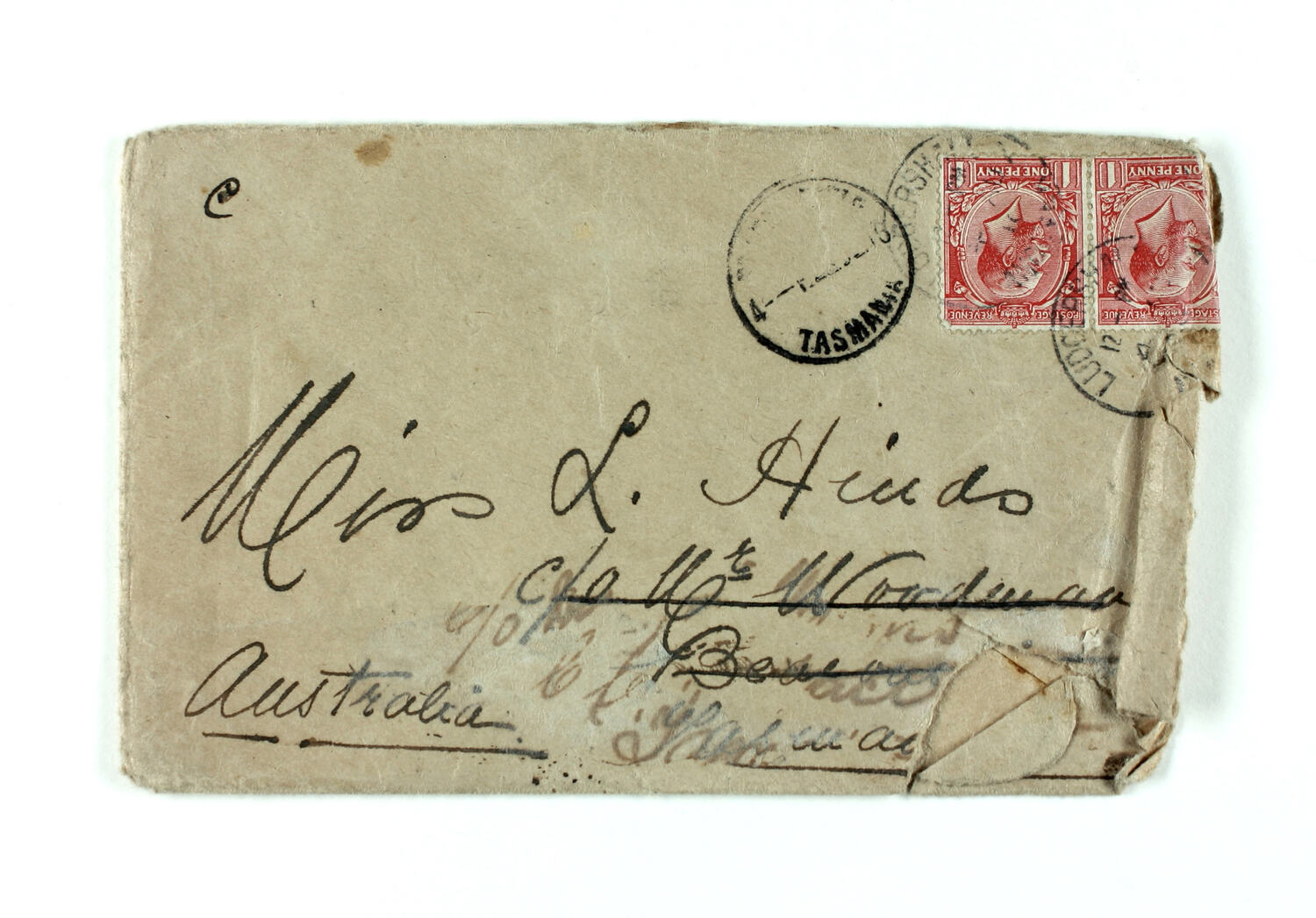 Envelope - Addressed to Miss L. Hinds, Tasmania, World War I, 1916
