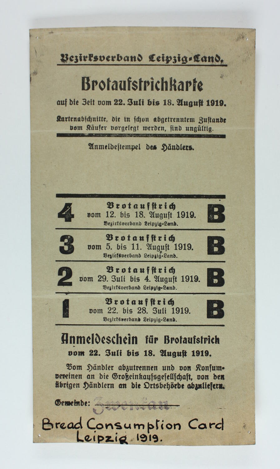 Ration Card - Bread Consumption, Leipzig, Germany, 22 Jul-18 Aug 1919