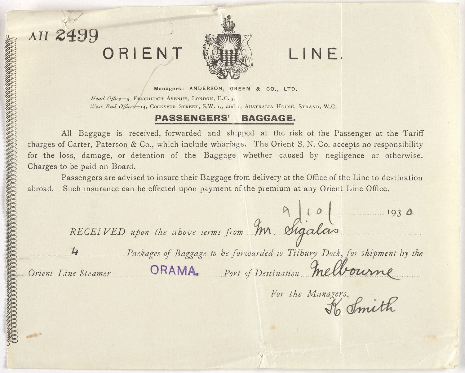Receipt - Baggage Check, Issued by Orient Line, 9 Sep 1930