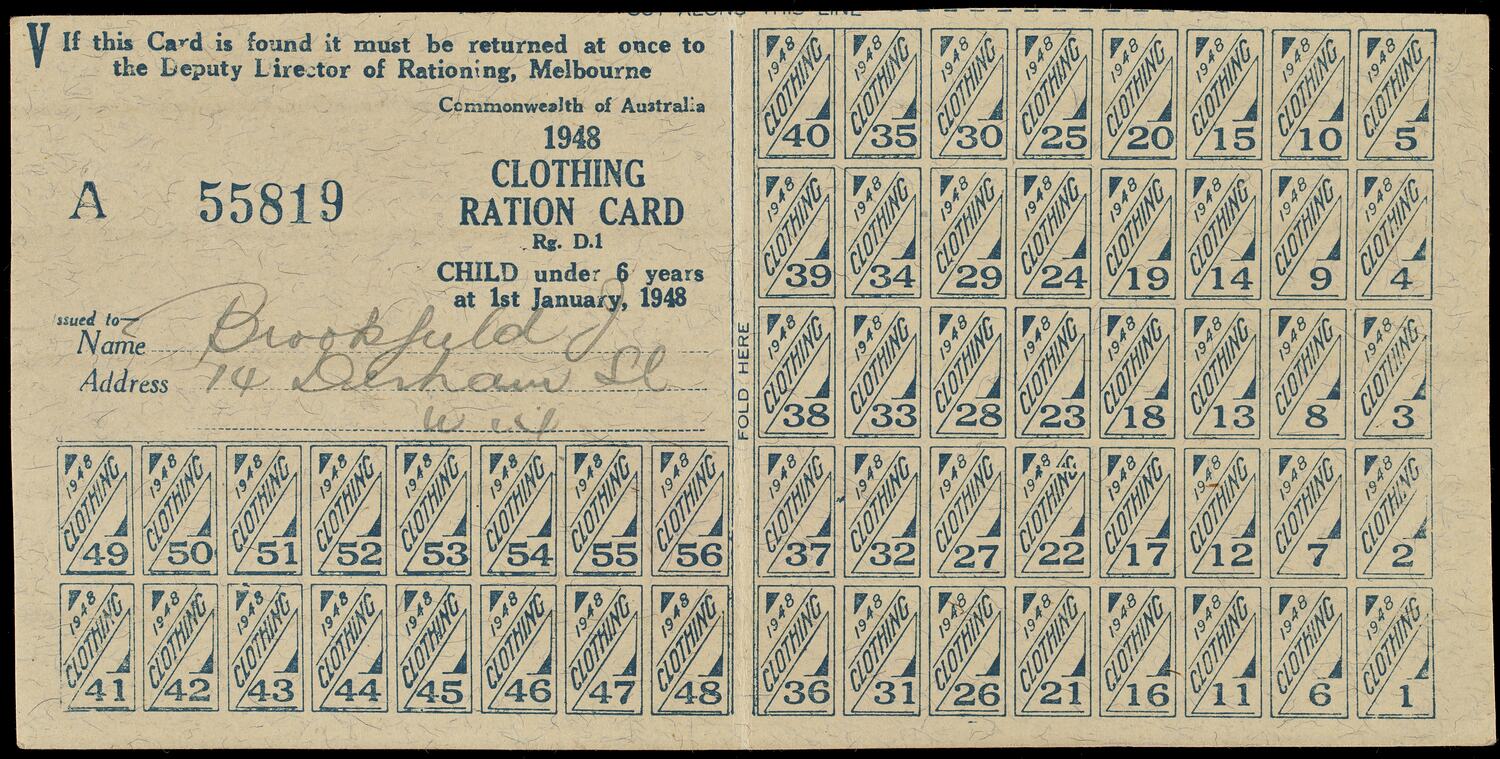Ration Card - Clothing, Issued to J Brookfield, Melbourne, 1948