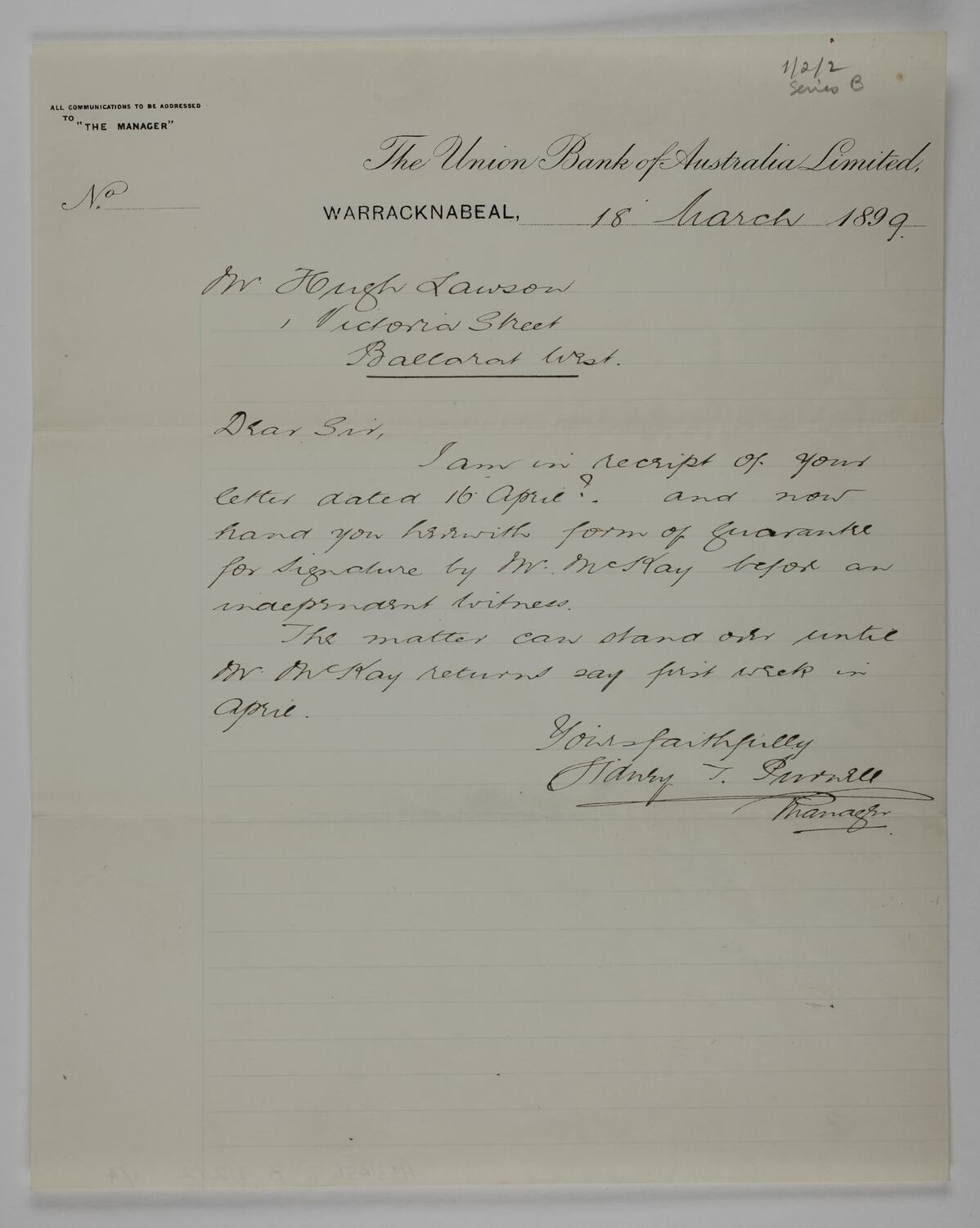 Letters - Guarantee of Bank Overdraft for Employee, H.V. McKay, 1899