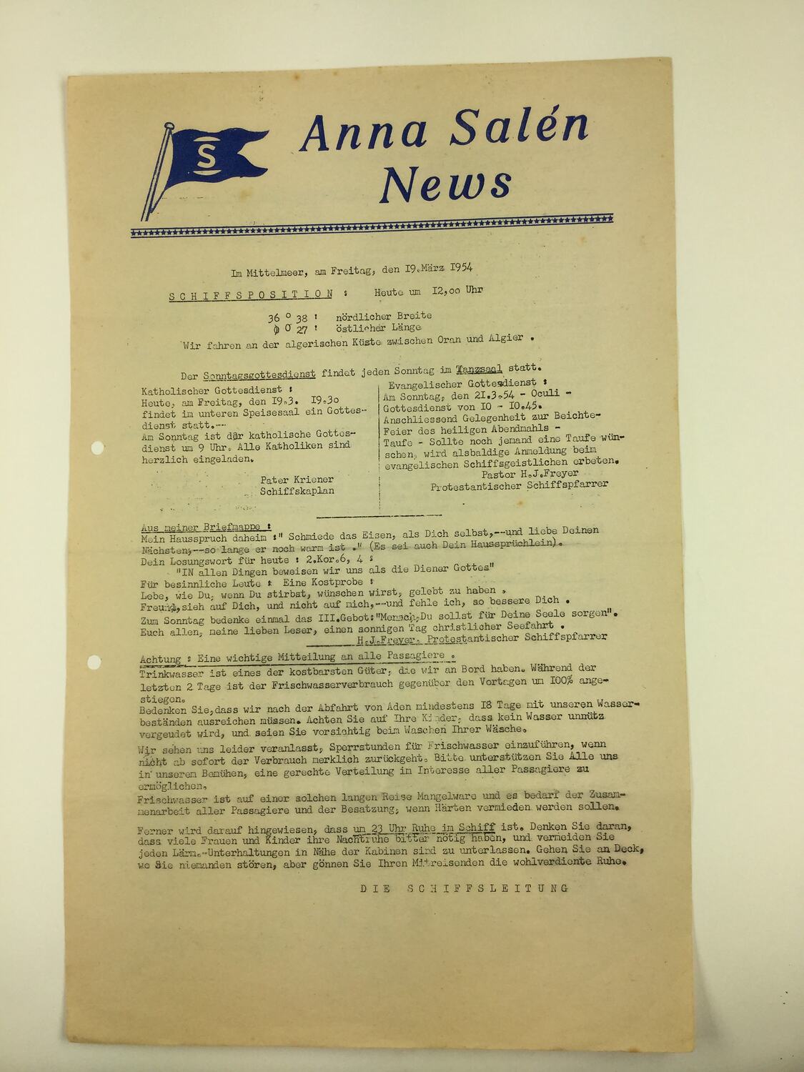 Newsletter - Anna Salen News, 19 Mar 1954