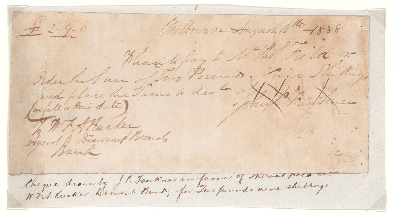 Cheque - 2 Pounds & 9 Shillings, John Pascoe Fawkner, Derwent Bank ...