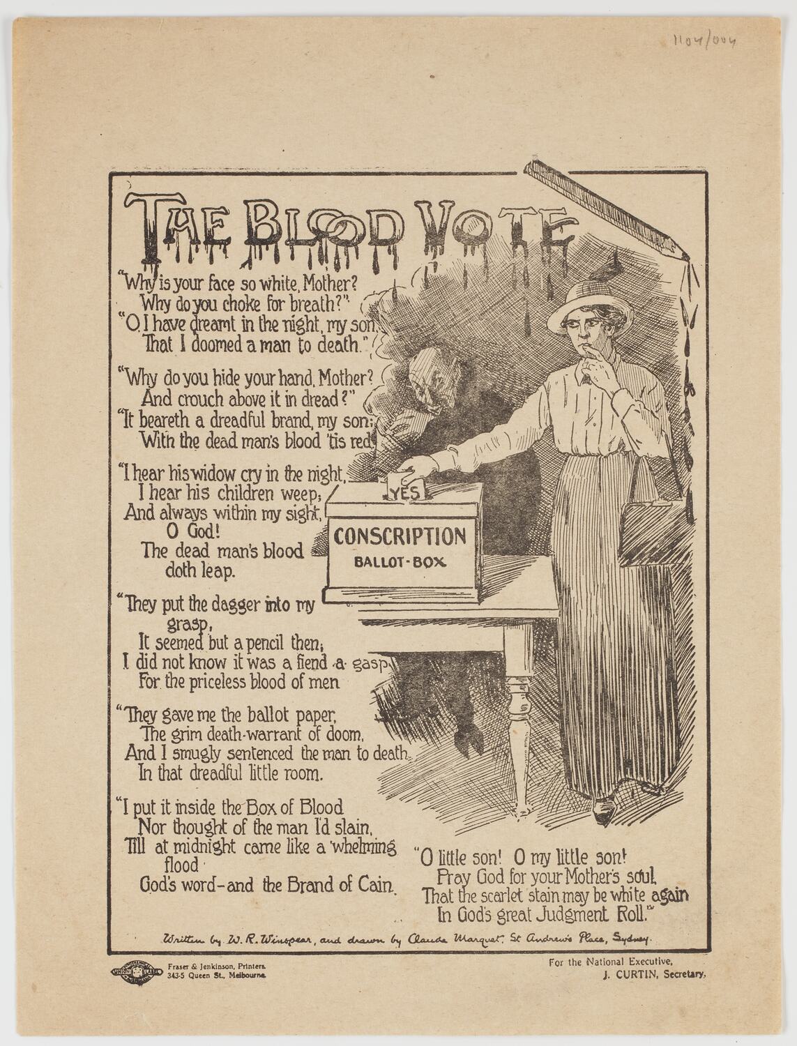 Leaflet - 'The Blood Vote', Anti-Conscription Campaign, World War I ...