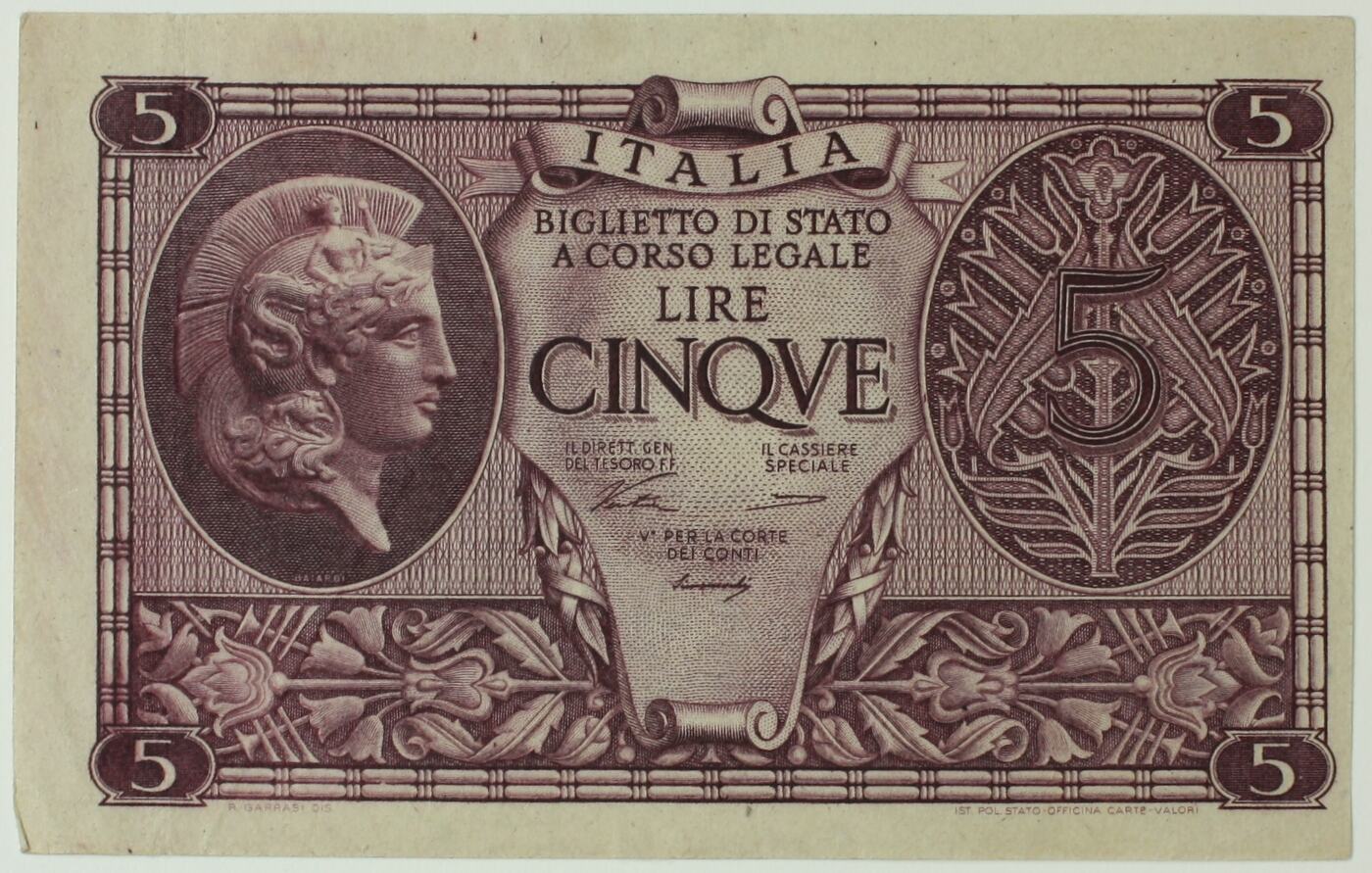 Bank Note - 5 Lire, Italy, 1944