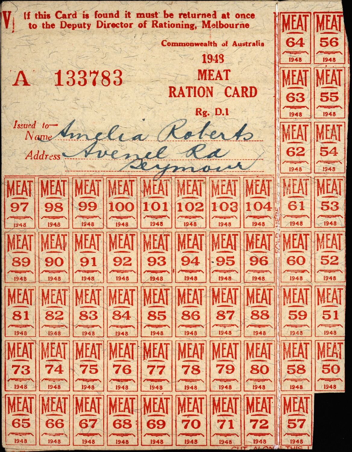 Ration Card - Amelia Roberts, Meat, Commonwealth of Australia, 1948