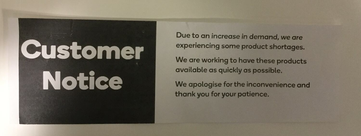 Notice - Product Shortages, Woolworths, Melbourne, Mar 2020