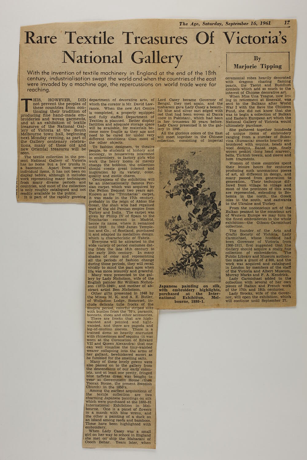 Newspaper Cutting - 'Rare Textile Treasures Of Victoria's National ...
