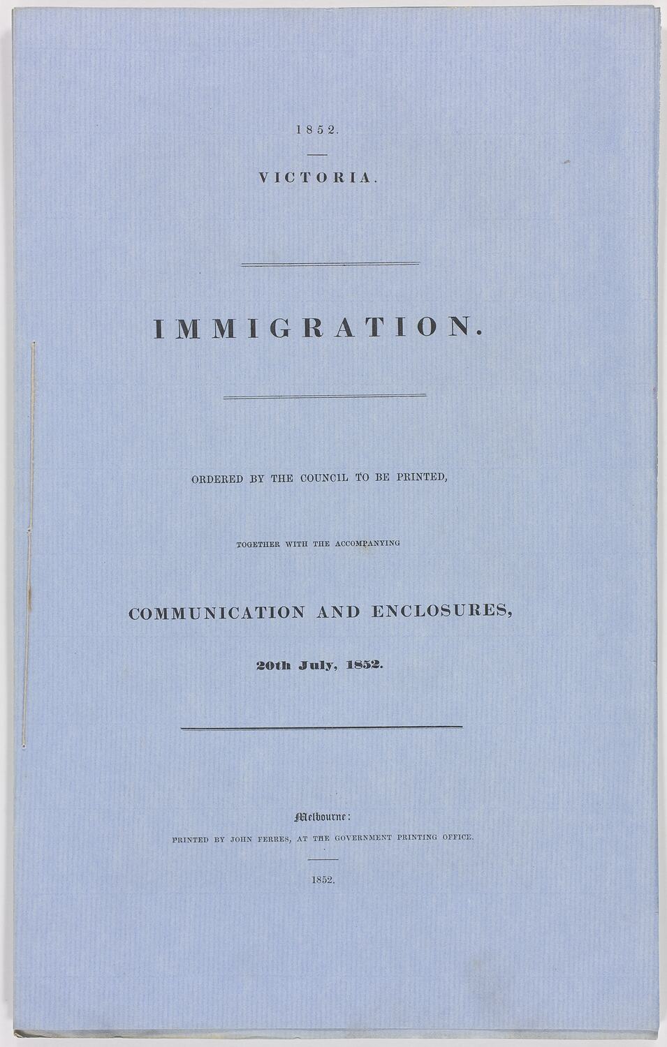 Parliamentary Paper - Immigration, Parliament of Victoria, Colony of ...
