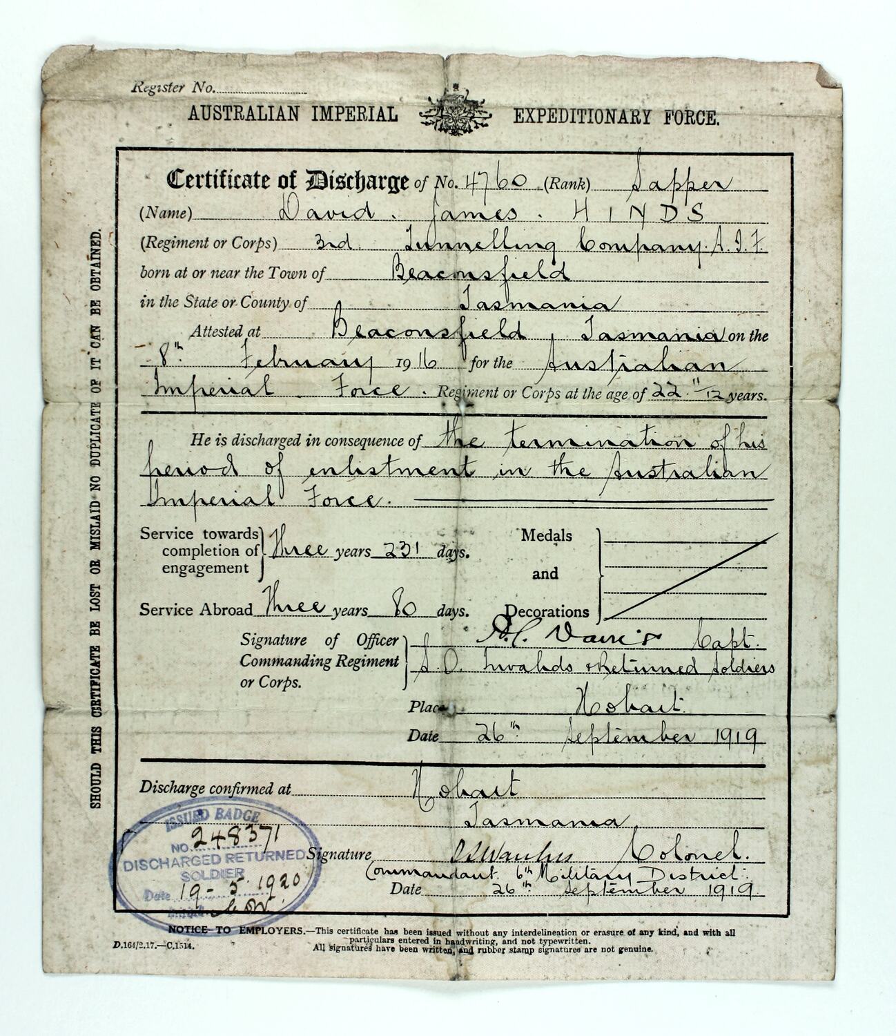 Certificate of Discharge - Sapper David James Hinds, Beaconsfield ...