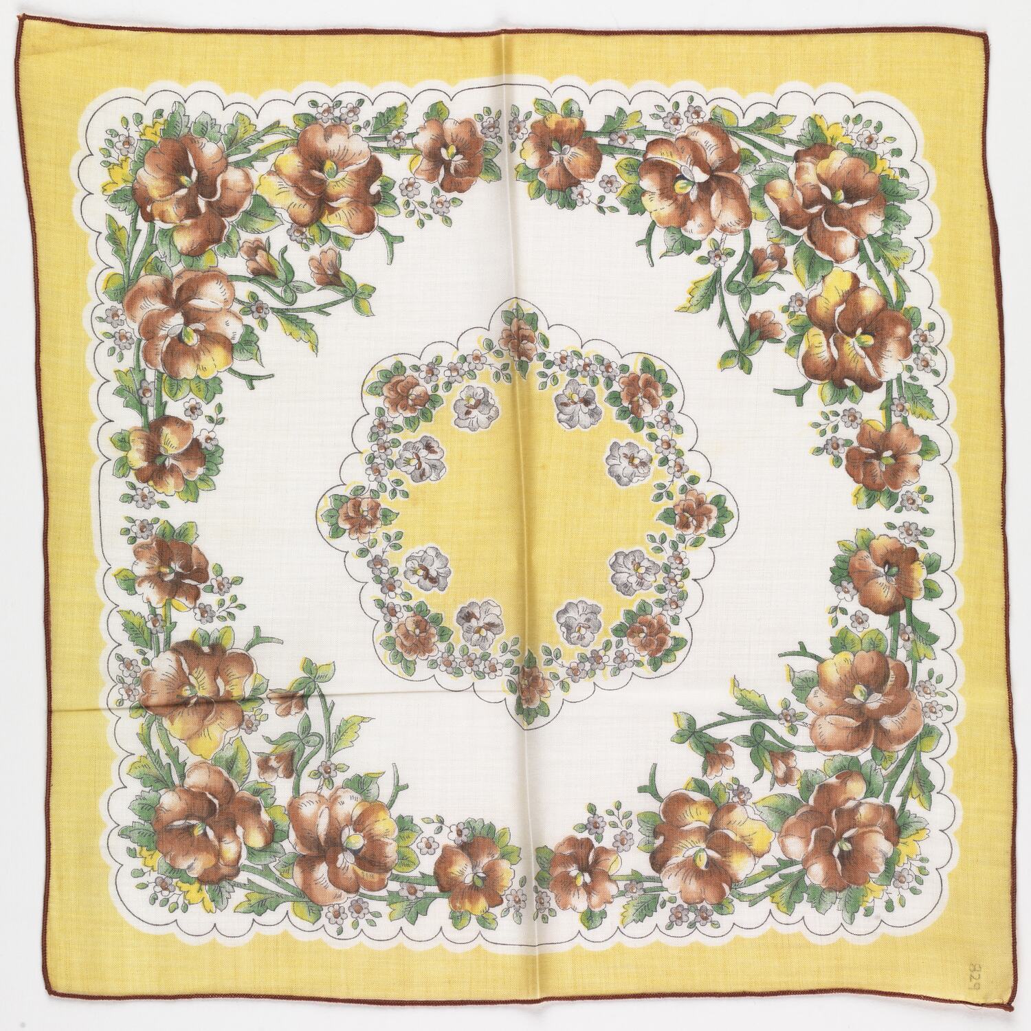 Handkerchief - Brown Pansys, Cotton, circa 1930s