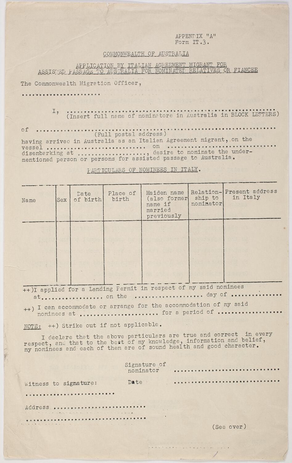 Form - Application for Assisted Passage of Relative, Department of ...