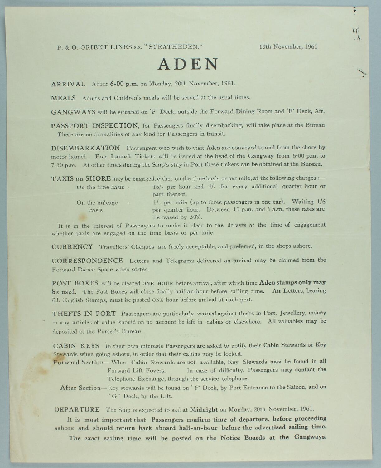 Notice - 'Aden', 'SS Stratheden', 19 Nov 1961