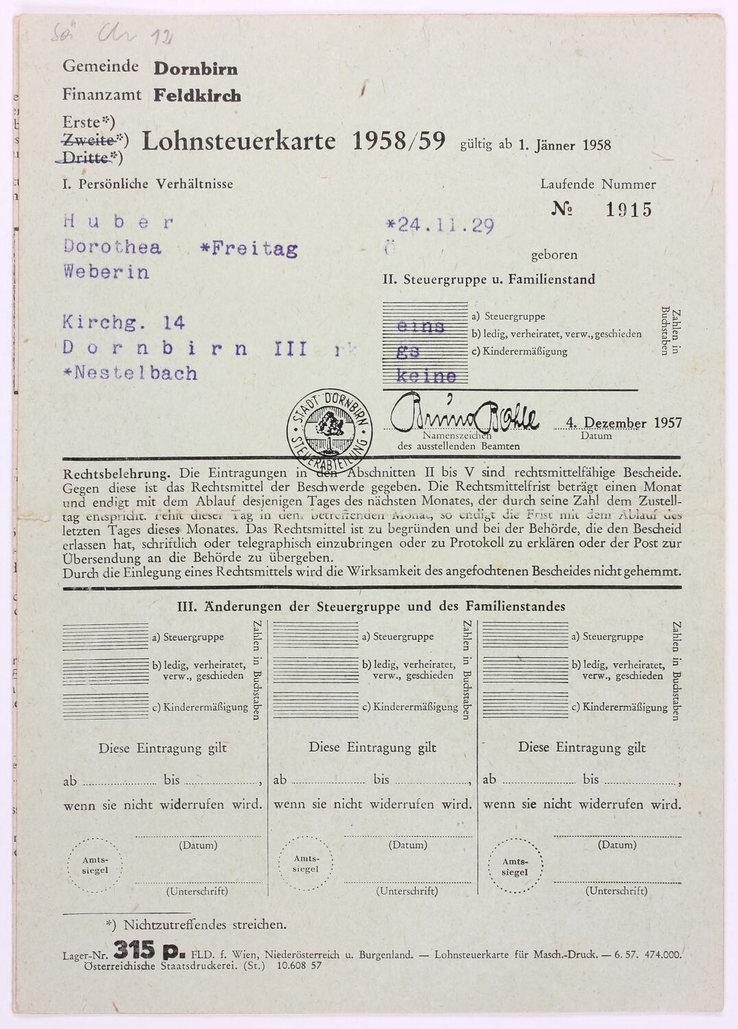 Income Tax Card - 'Lohnsteuerkarte', Dorothea Huber, Austria, 1958-1959