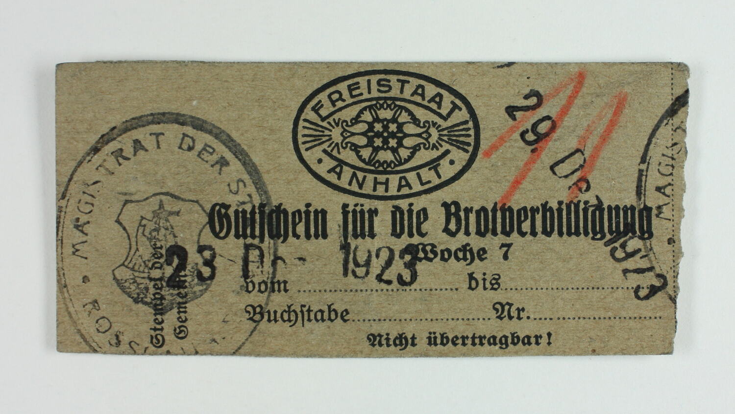 Ration Card - Anhalt, Germany, 23-29 Dec 1923