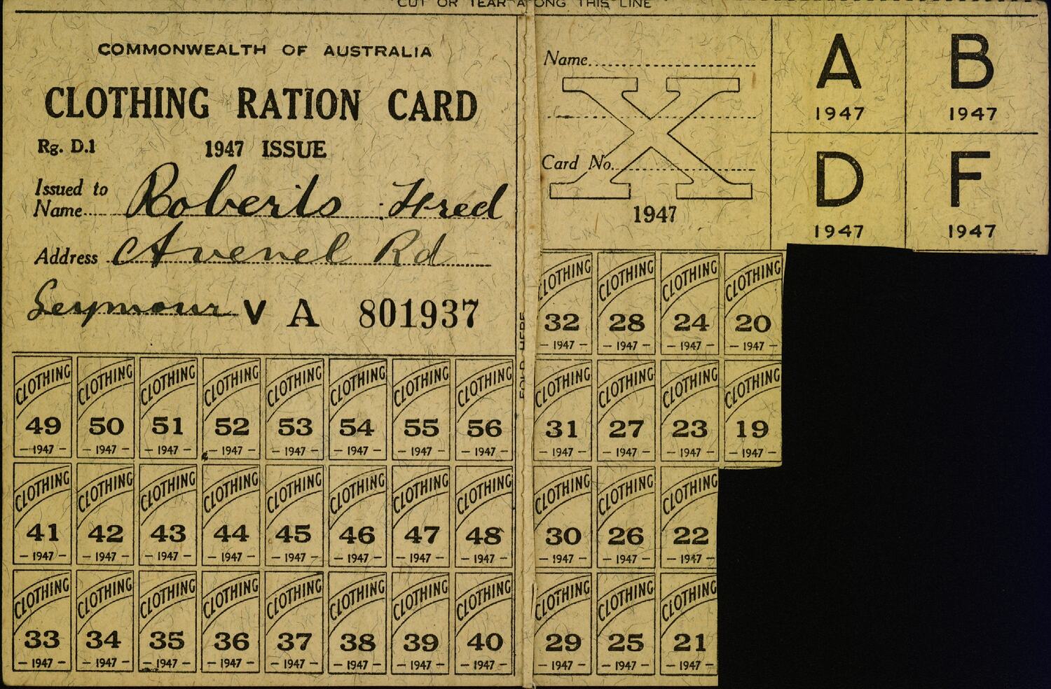 Ration Card - Frederick Roberts, Clothing, Commonwealth of Australia, 1947
