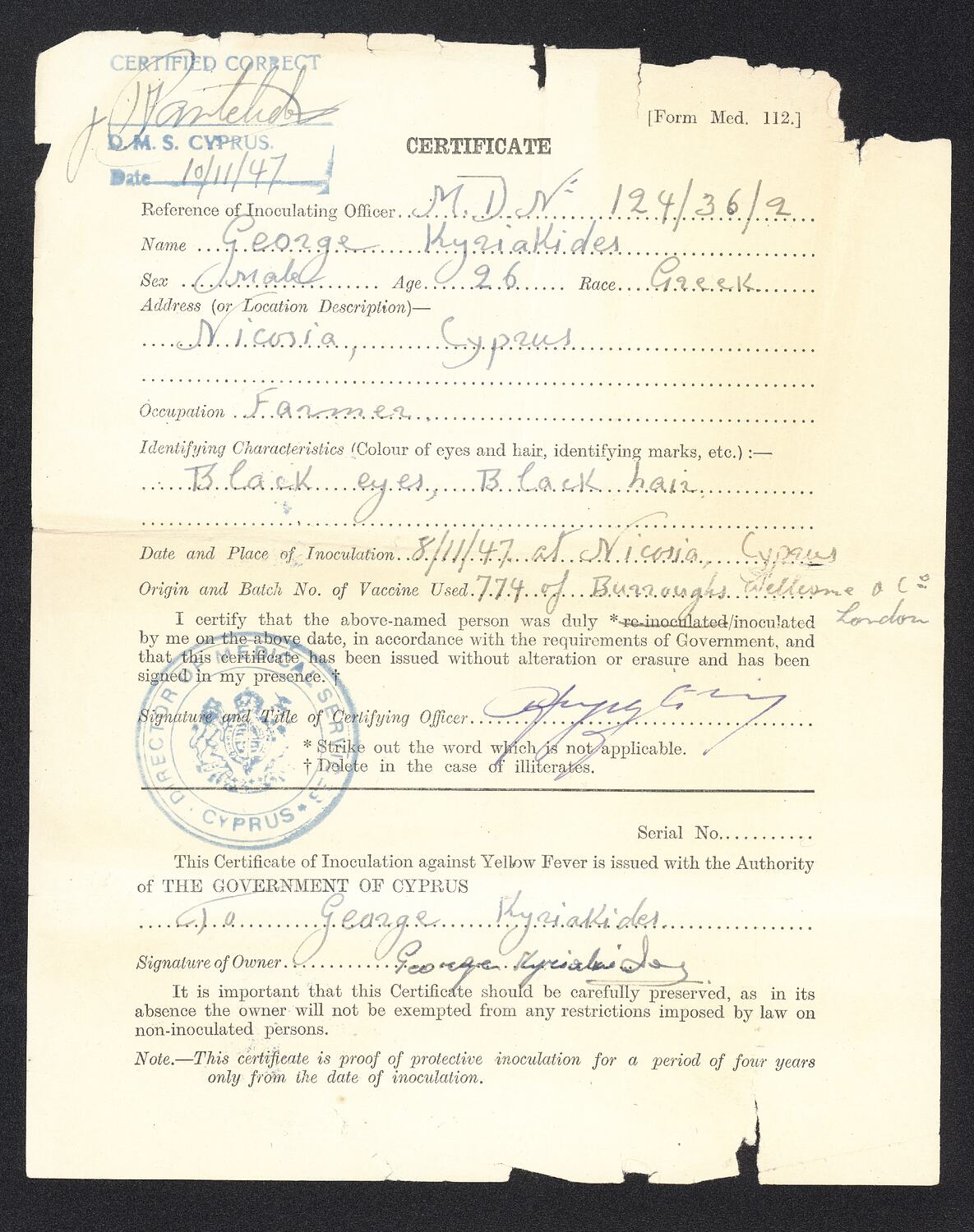 Certificate of Inoculation - George Kyriakides, Nicosia, Larnaca, 10 ...