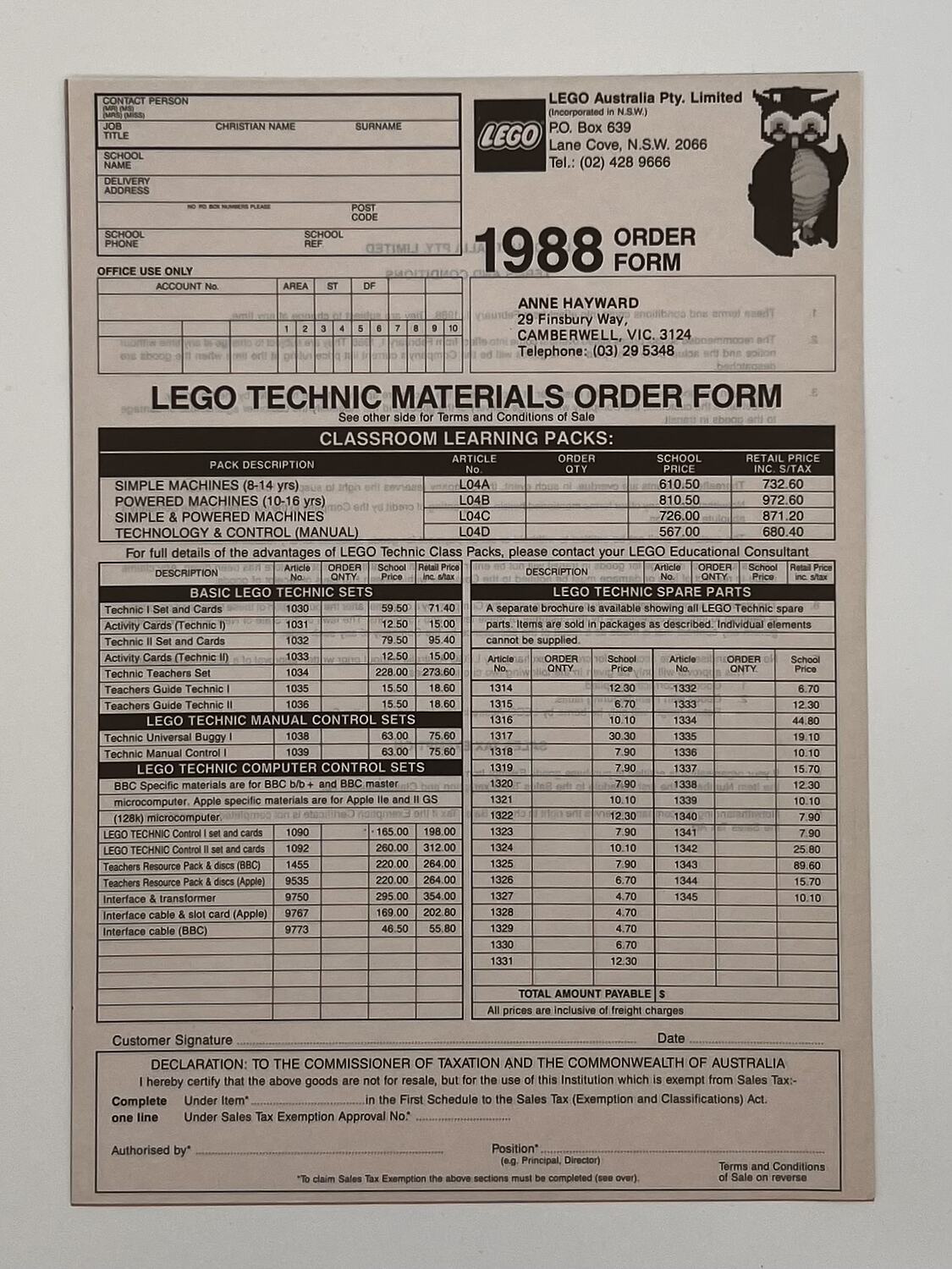 Order Form - School Order Form, LEGO Technic Material, LEGO, 1988