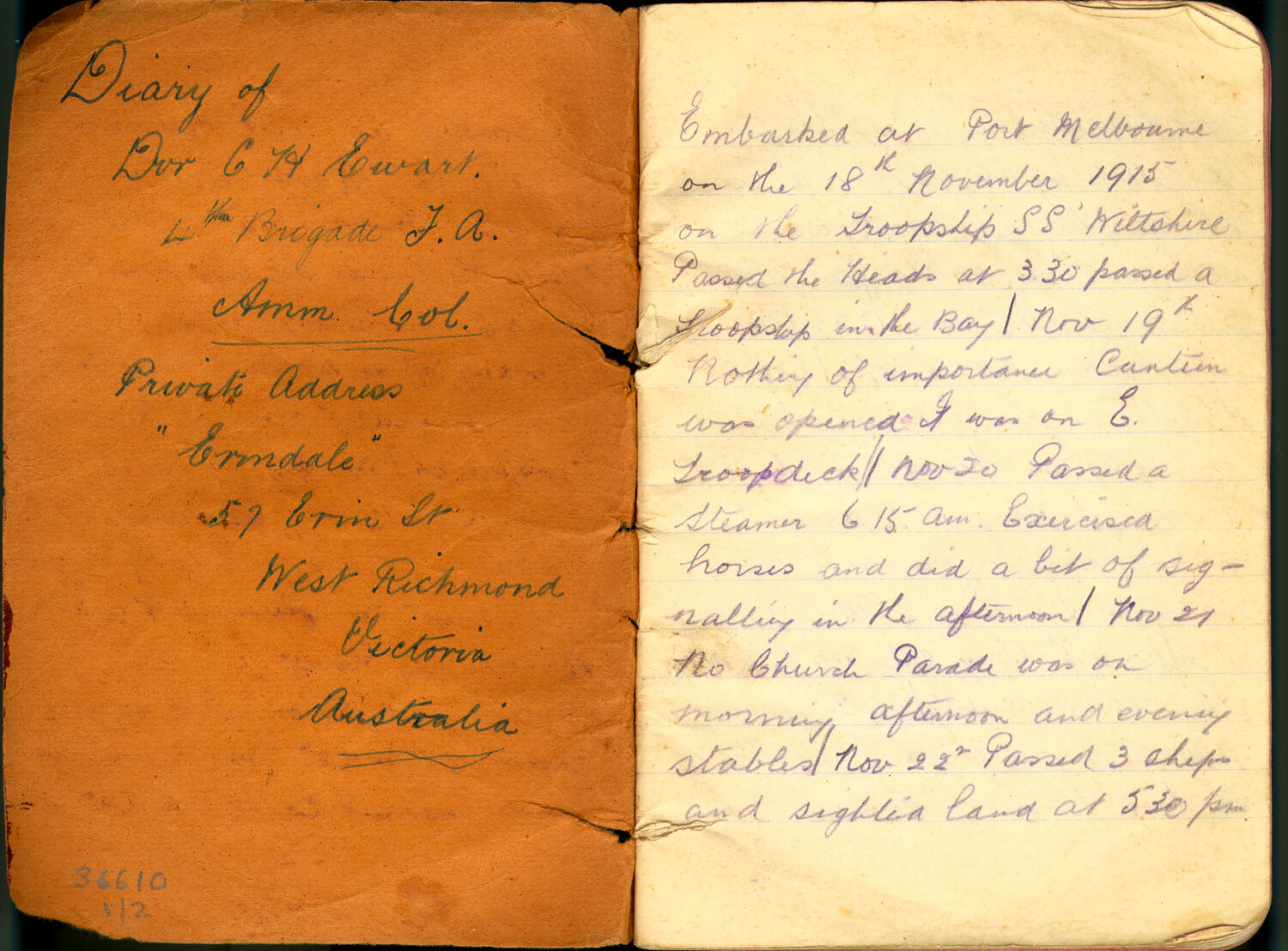 Diary - Driver Claude Ewart, Melbourne to Egypt, Vol 1, World War I, 18 Nov 1915-14 Dec 1915