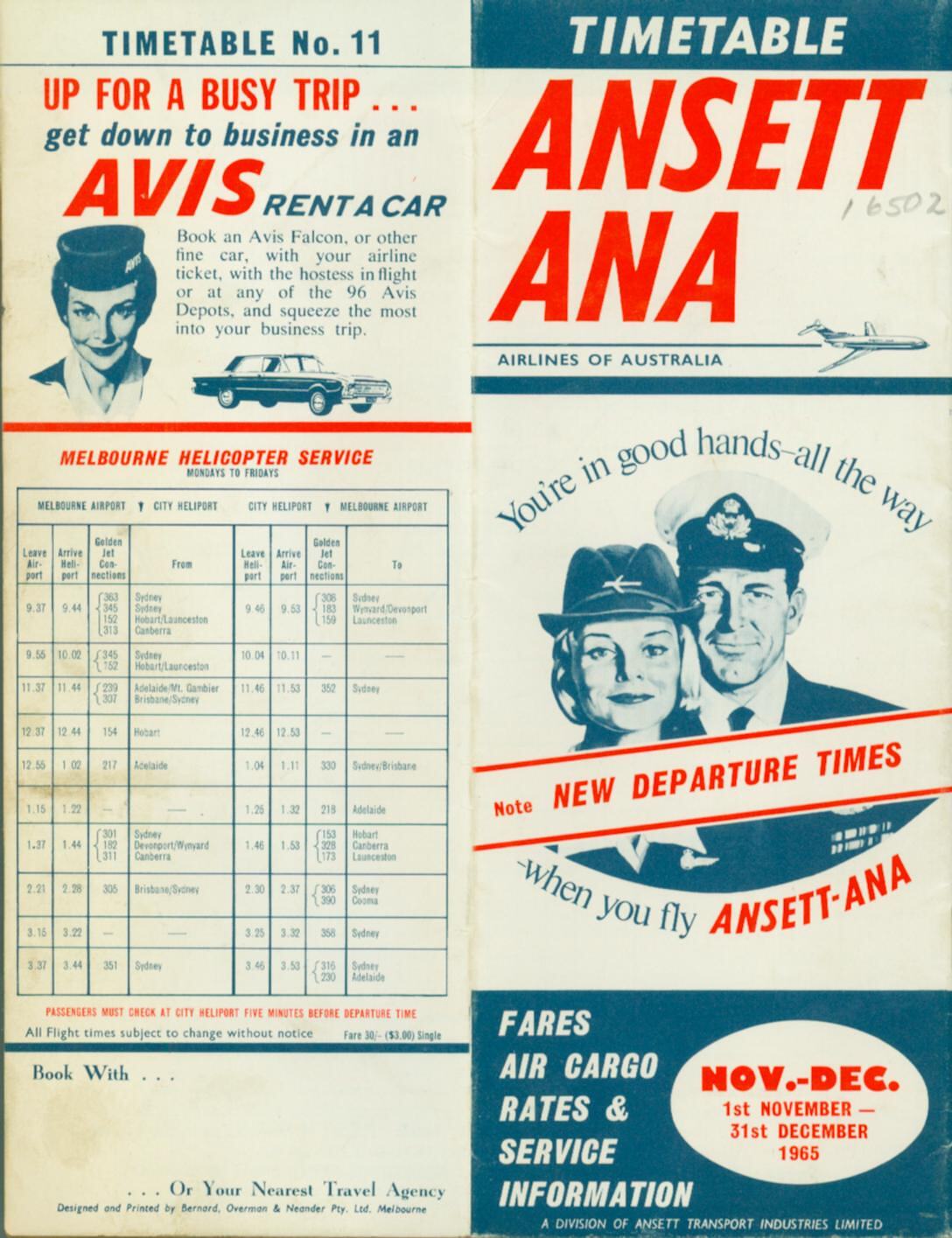 Timetable - Ansett-ANA, 'New Departure Times', 1965