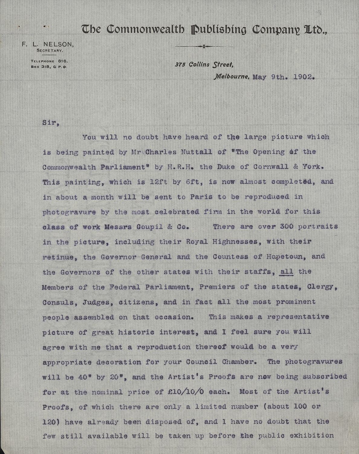 Letter - Commonwealth Publishing Company, Charles Nuttall Print, 9 May 1902