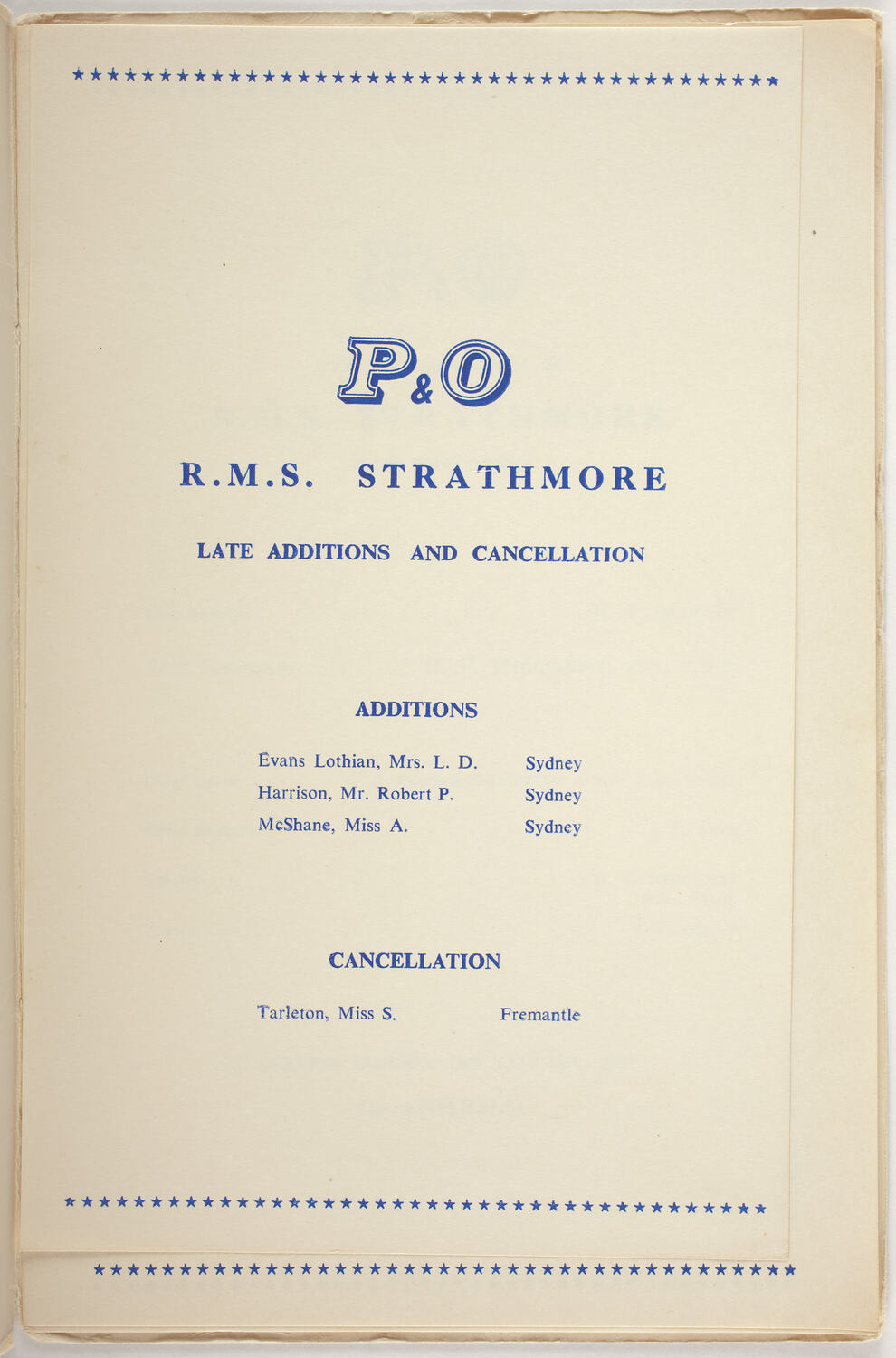 Booklet - P&O Lines, RMS Strathmore, 'P&O Passenger List', 1957