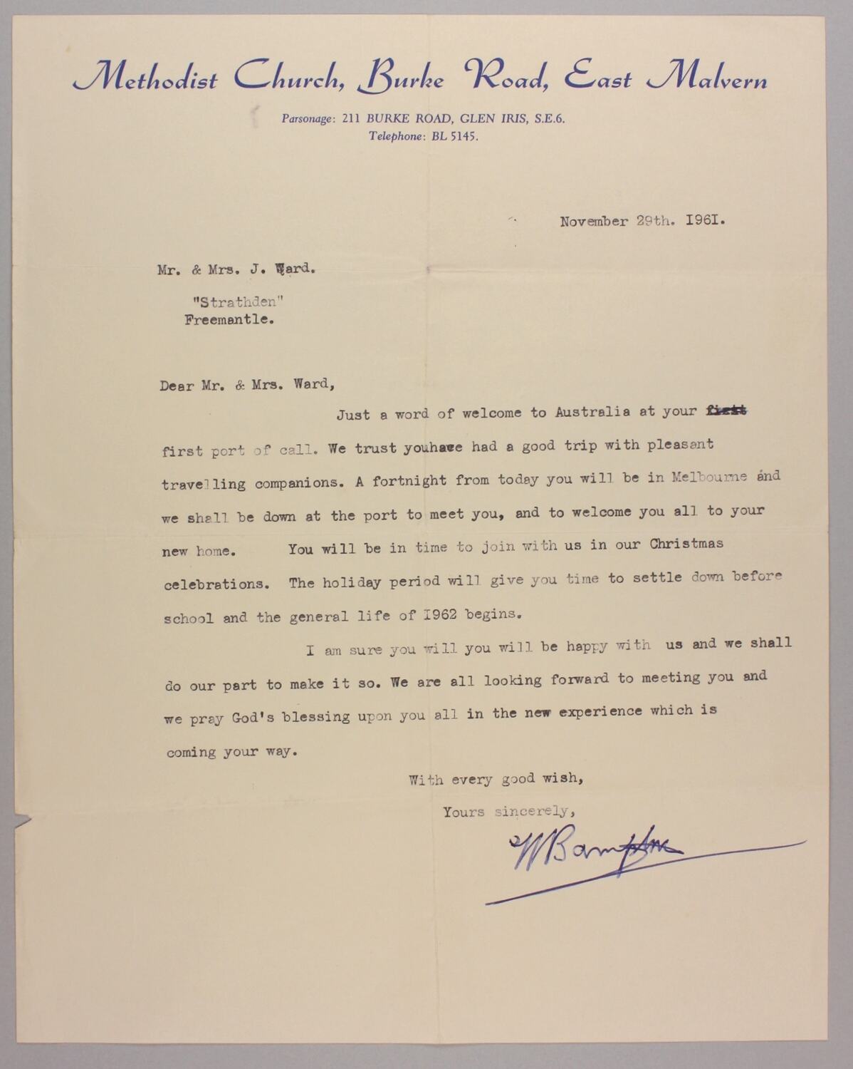 Letter - To Mr & Mrs Ward from Methodist Church, Burke Road, East ...