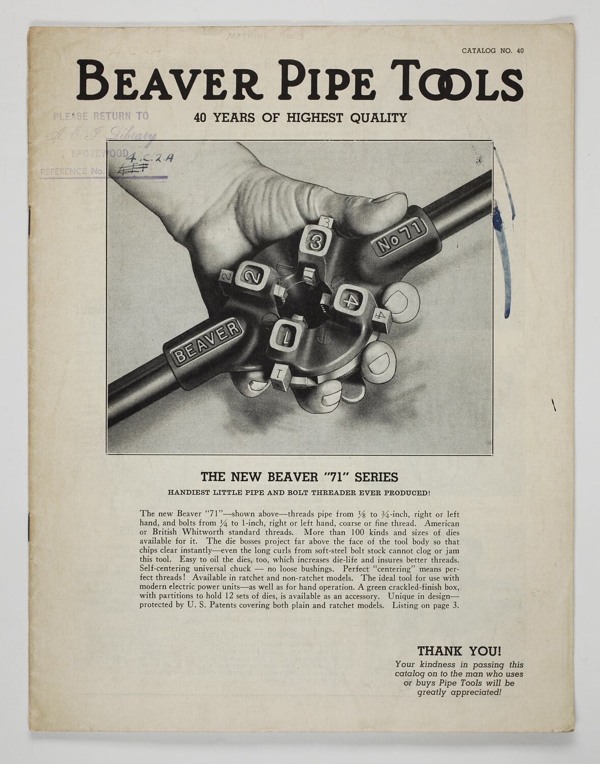 Catalogue - Beaver Pipe Tools, Pipe Thread Cutting Stocks & Dies, 1939