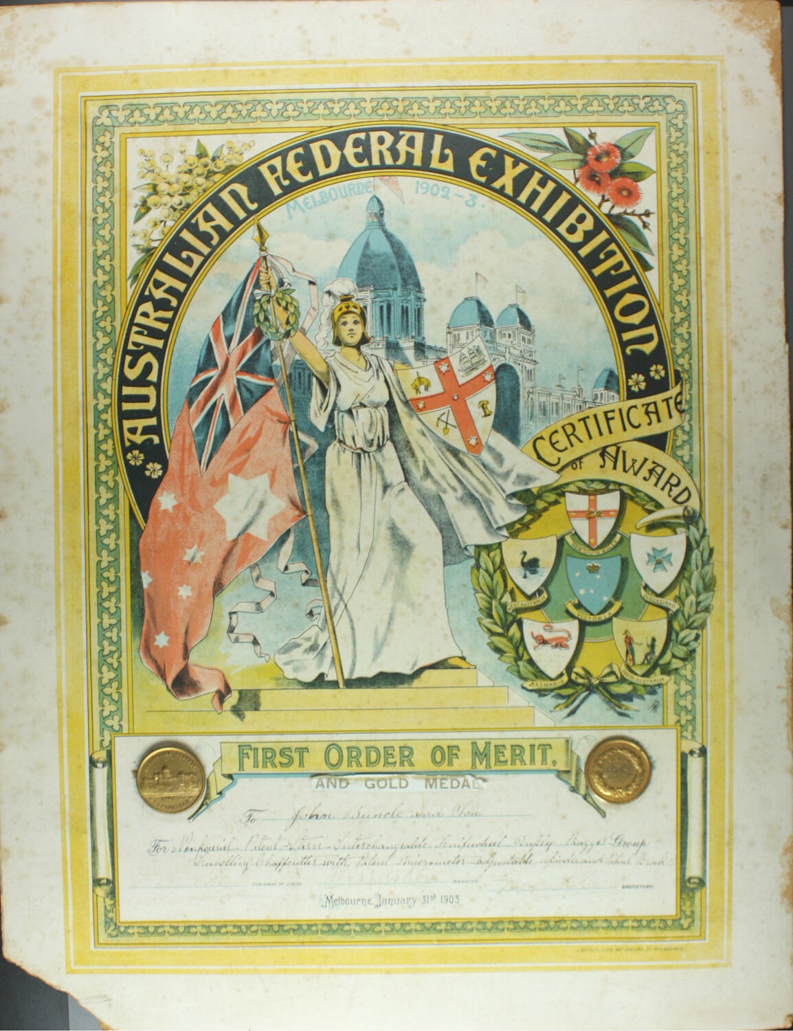 Certificate - Presented to John Buncle & Sons, Australian Federal ...
