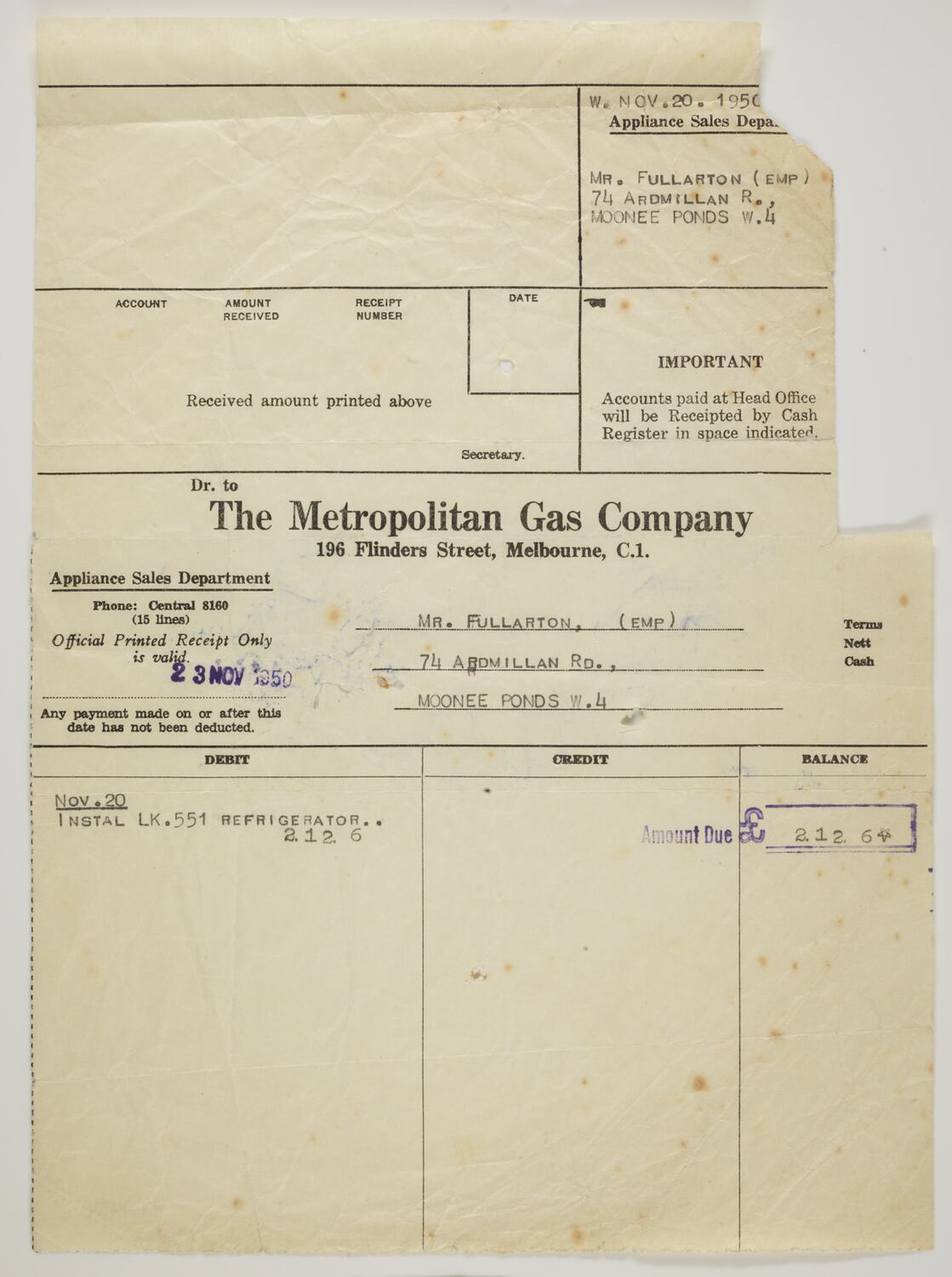 Receipt - Metropolitan Gas Company, 23 Nov 1950