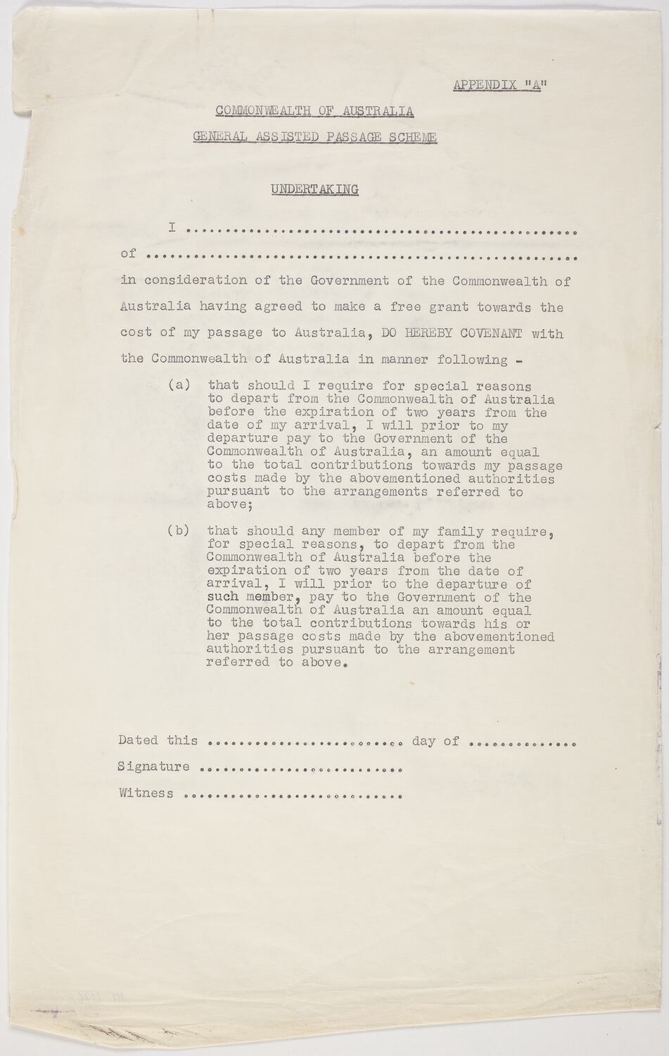 Form - General Assisted Passage Scheme Undertaking, Department of ...
