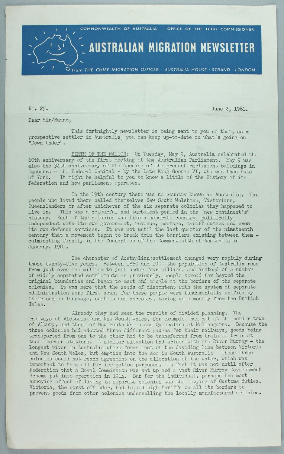 Newsletter - 'Australian Migration Newsletter', 2 Jun 1961