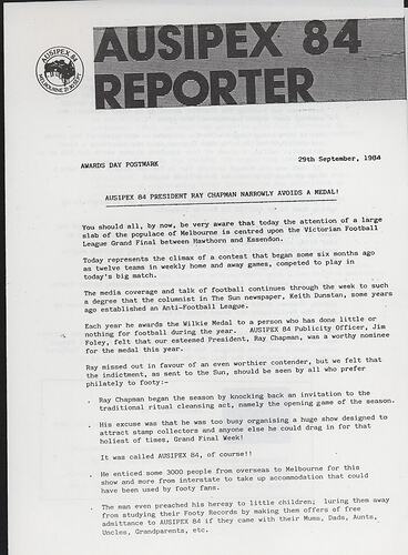 Newsletter - 'Ausipex 84 Reporter', 29 Sep 1984
