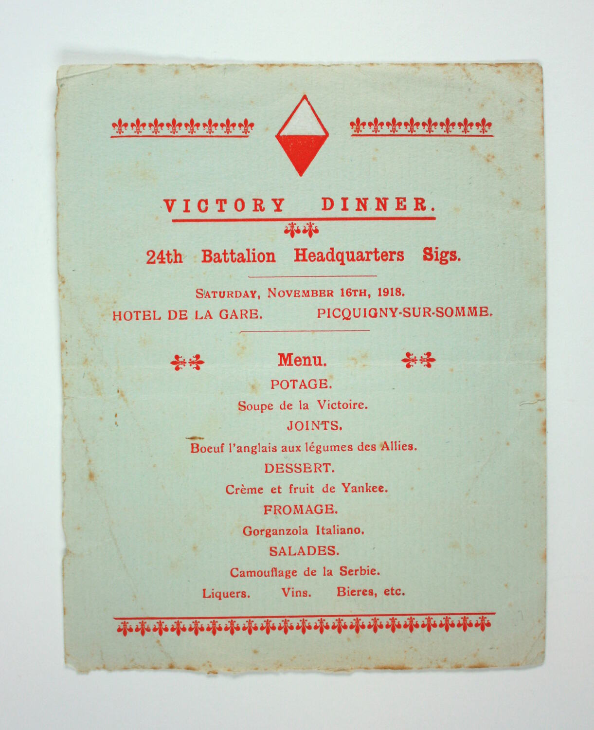 Menu - Victory Dinner, 24 Battalion Headquarters, Picquigny-Sur-Somme ...