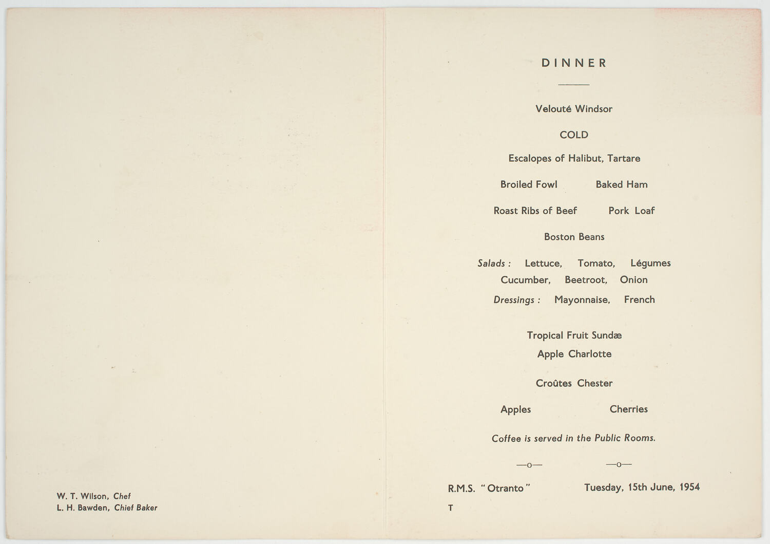 Menu - RMS Otranto, Orient Line, Dinner, St Edward's Crown, 15 Jun 1954