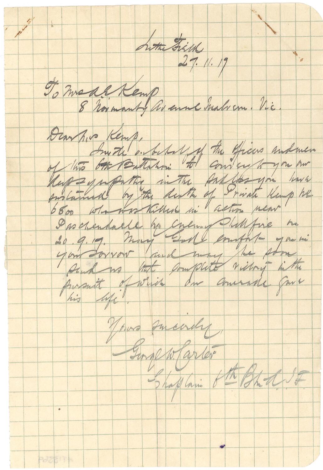 Letter - Chaplain George W. Carter to Mrs Annie Kemp, 27 Nov 1917