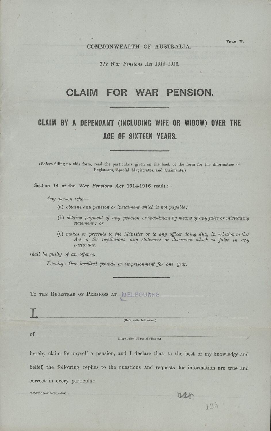 Form - 'Claim for War Pension', World War I, 1917