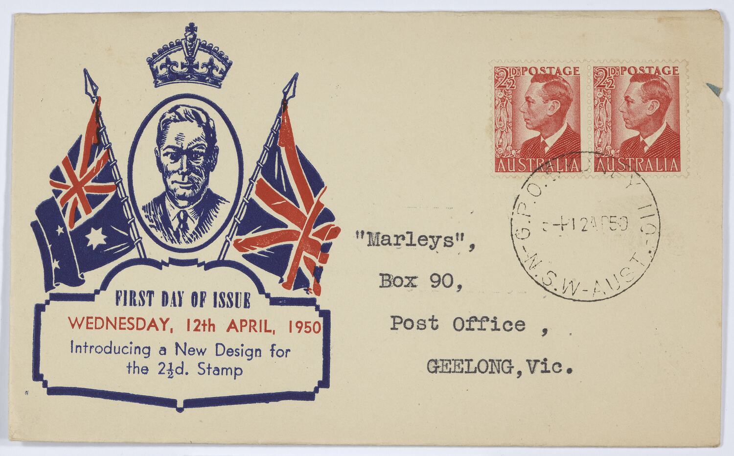 First Day Cover - King George VI Definitive, 2 1/2 Pence, Australia, 1950