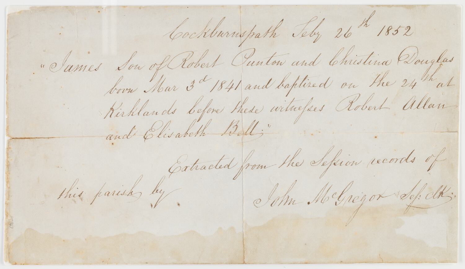 Birth Certificate - Issued to James Panton, England, 26 Feb 1852