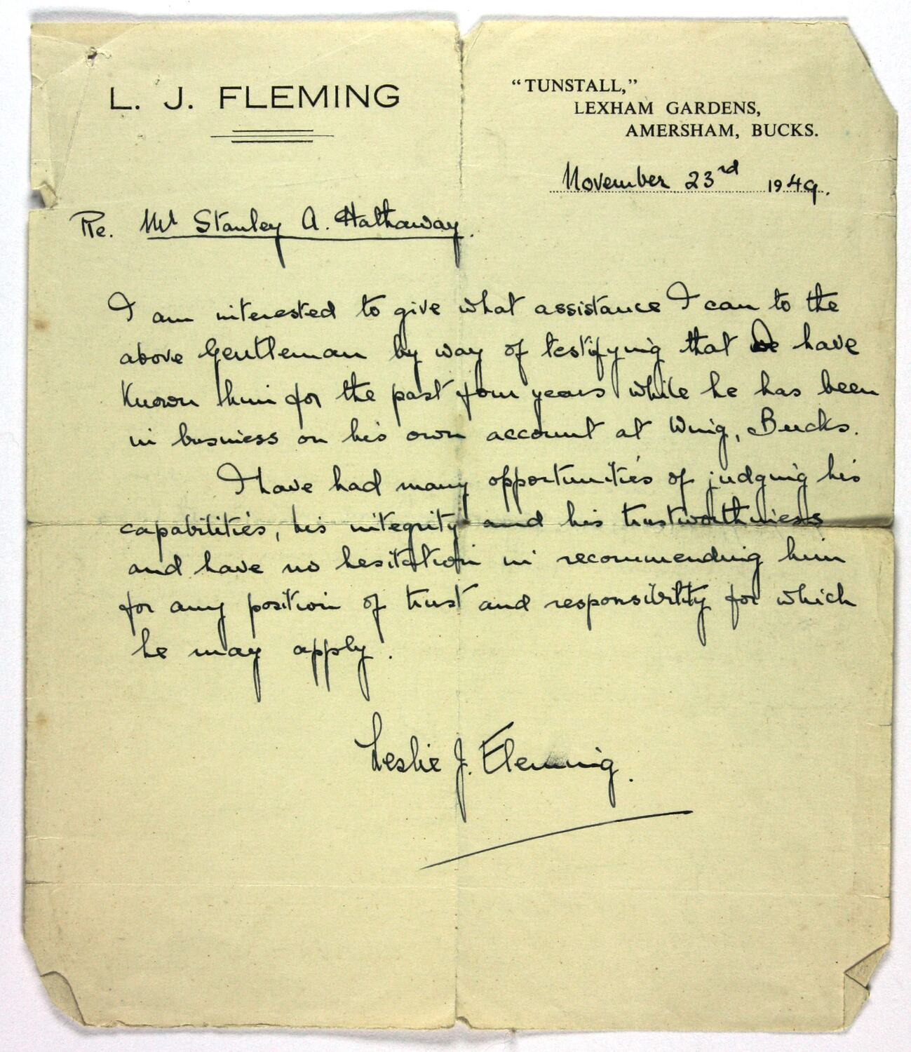 Letter - Personal Reference for Stanley Hathaway, 23 Nov 1949