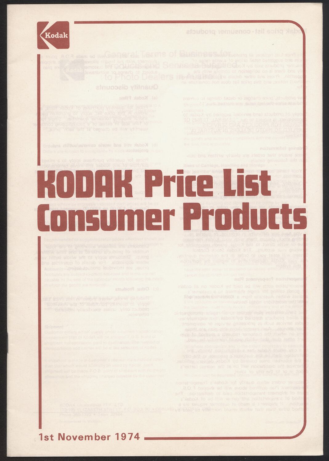 Price List - Kodak Australasia Pty Ltd, Consumer Products, 01 Nov 1974