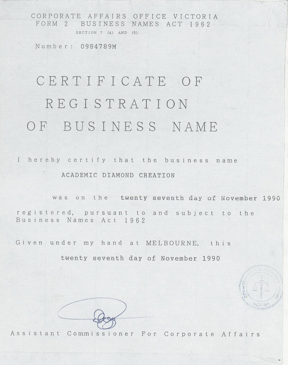 Certificate - Registration of Business Name, Academic Diamond Creation ...