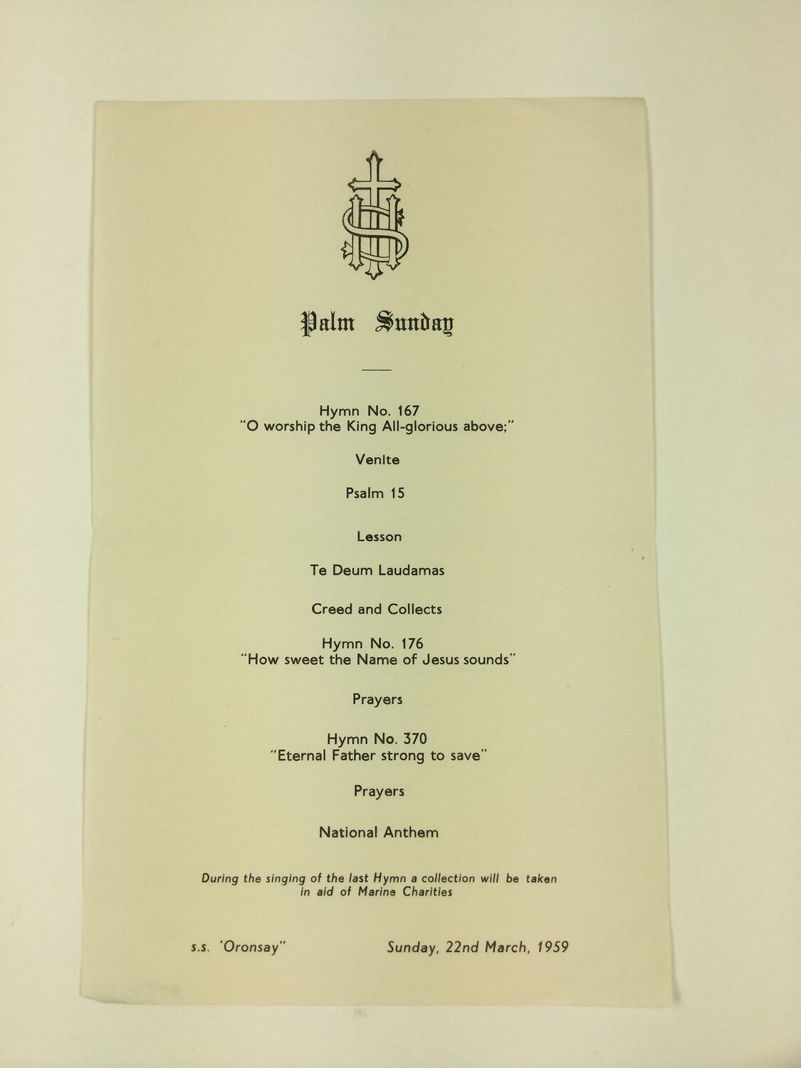 Pamphlet - Church Service Program, SS Oronsay, 22 Mar 1959