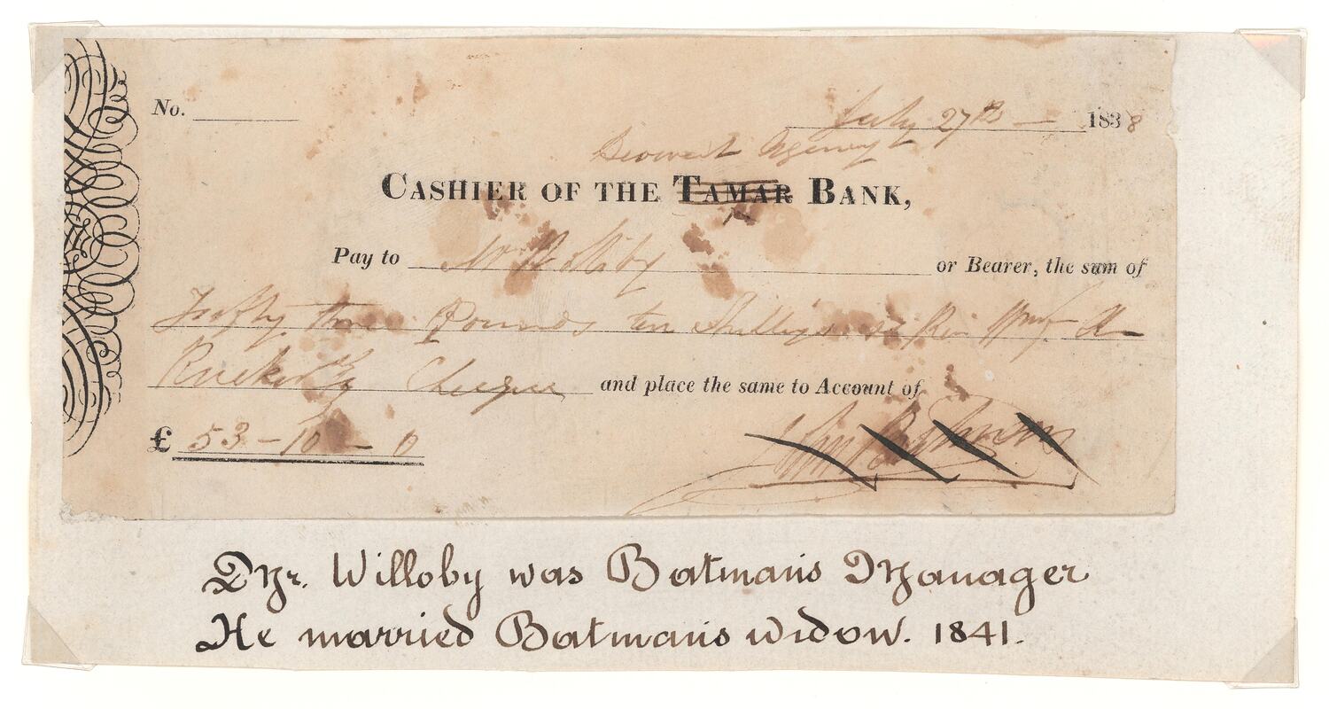 Cheque - John Batman to William Willoby (Willoughby), Victoria ...